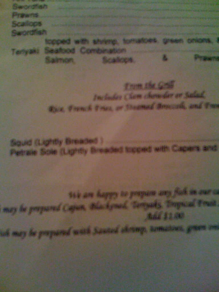 Menu at Sea Harbor Fish Market restaurant, Salinas