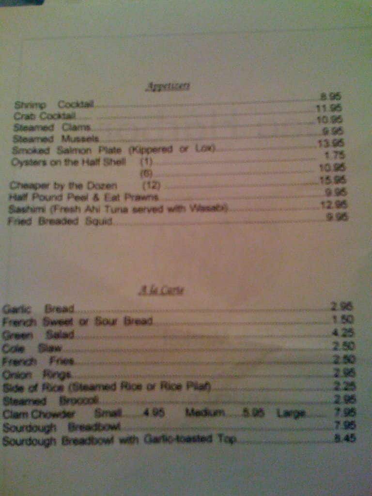 Menu at Sea Harbor Fish Market restaurant, Salinas