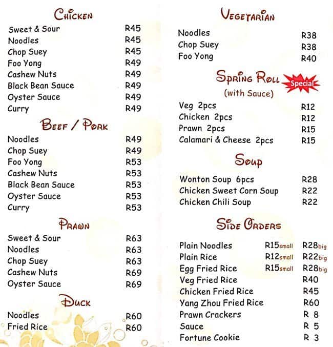 Menu at Win Win Chinese Take Away restaurant, Cape Town