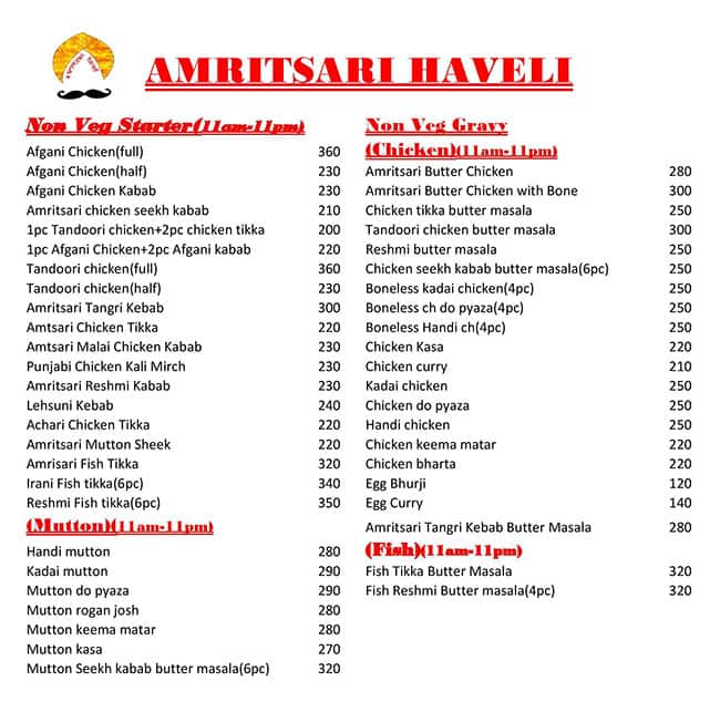 Menu at Amritsari Haveli, Kolkata