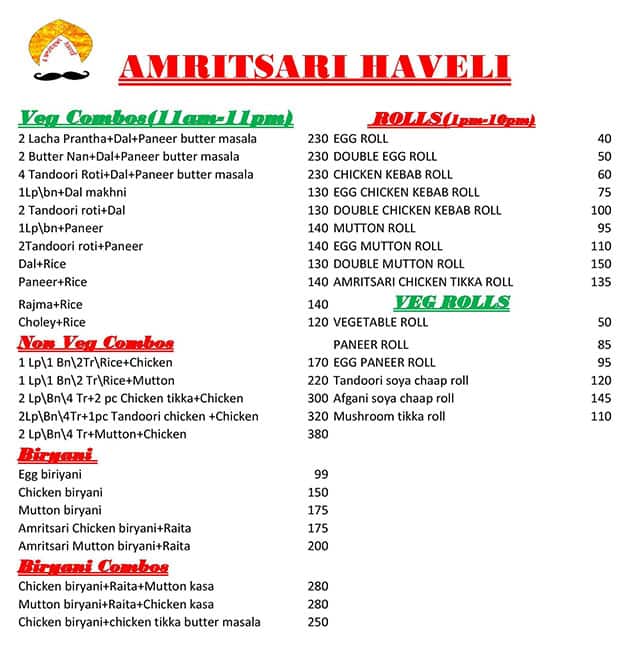 Menu at Amritsari Haveli, Kolkata