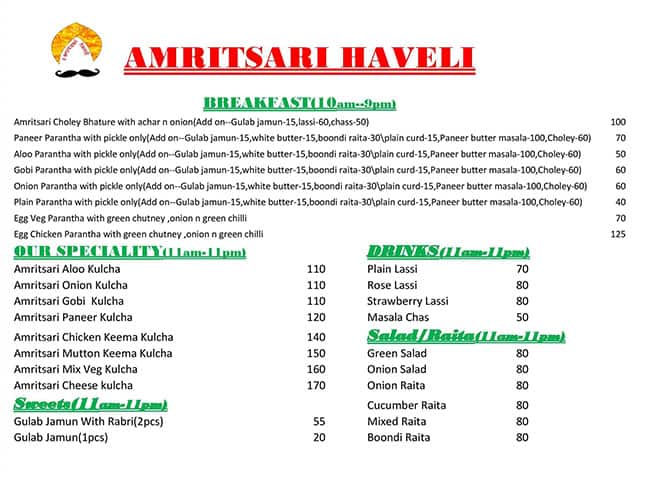 Menu at Amritsari Haveli, Kolkata