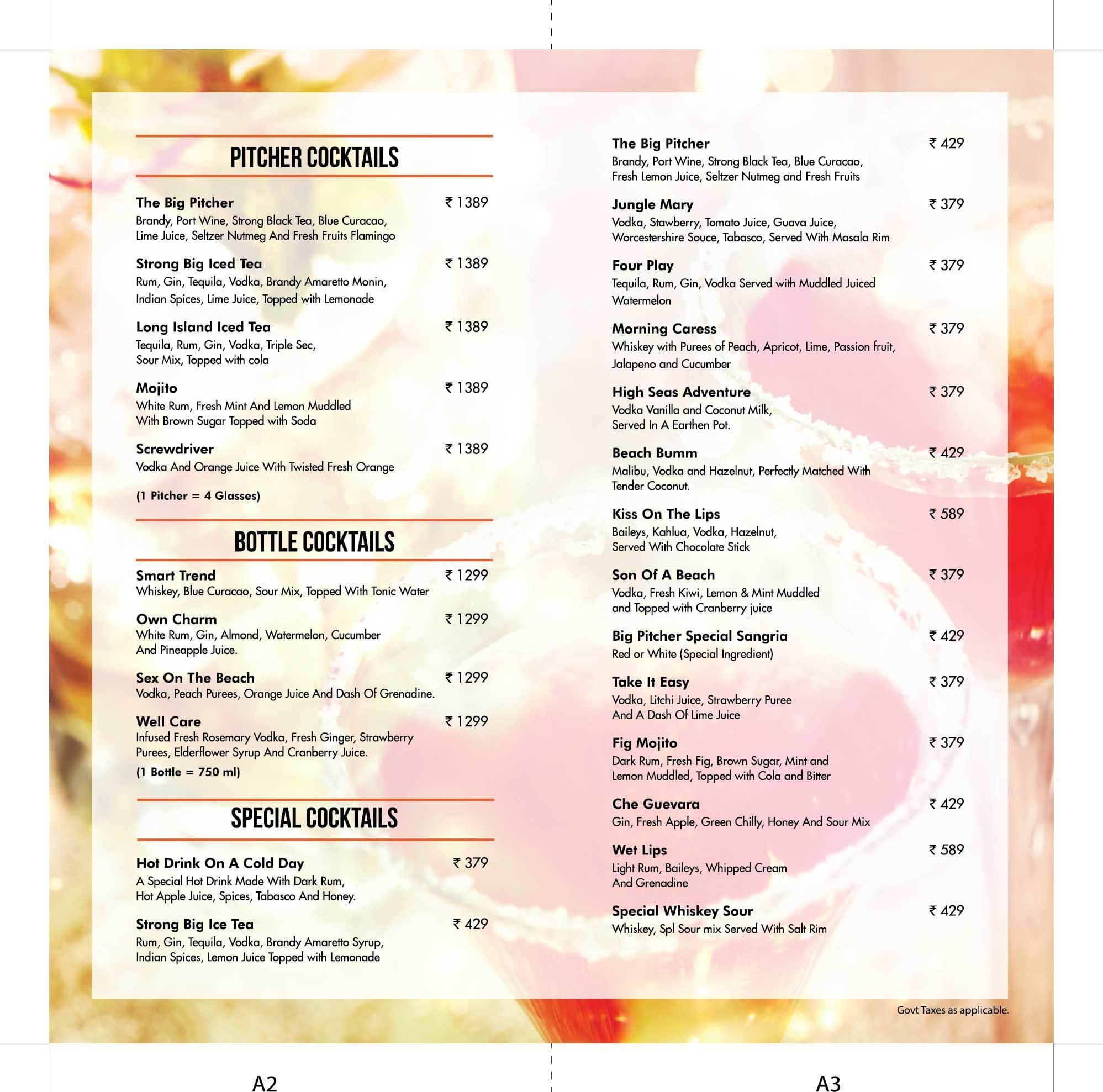 Big Pitcher Menu,Menú para Big Pitcher, Old Airport Road, Bangalore ...