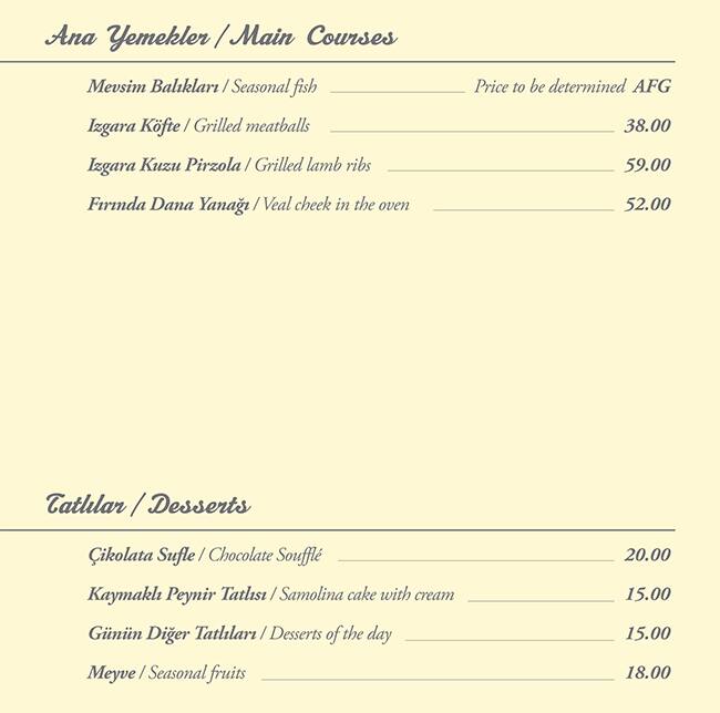 Menu at Karaköy Pizza, Istanbul