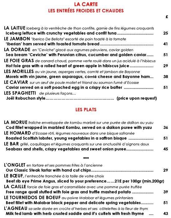 Menu at L'Atelier de Joël Robuchon restaurant, London