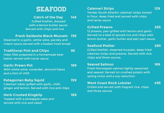 Menu at Dunes Beach Restaurant & Bar, Cape Town, 1 Beach Cres