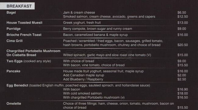 Menu at Cima cafe, Auckland