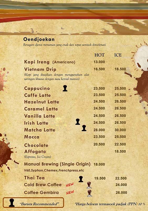 Carta del café Merdeka 8, Yakarta