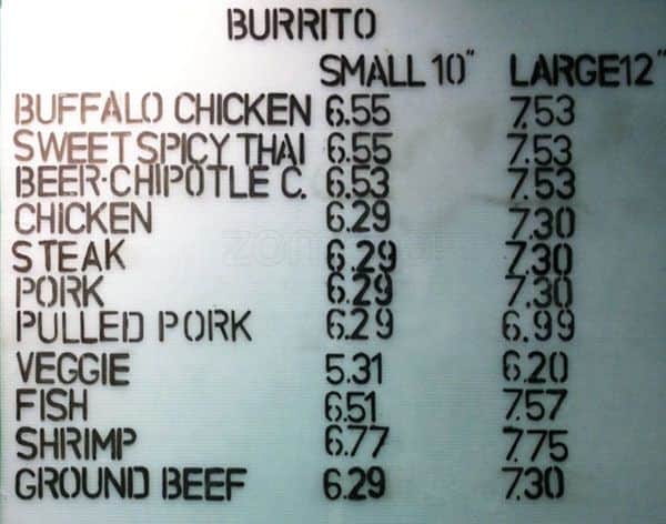 Menu at Bolets Burrito restaurant, Toronto