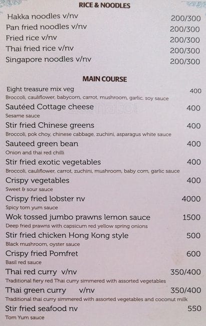 Menu at Escapade, Calangute