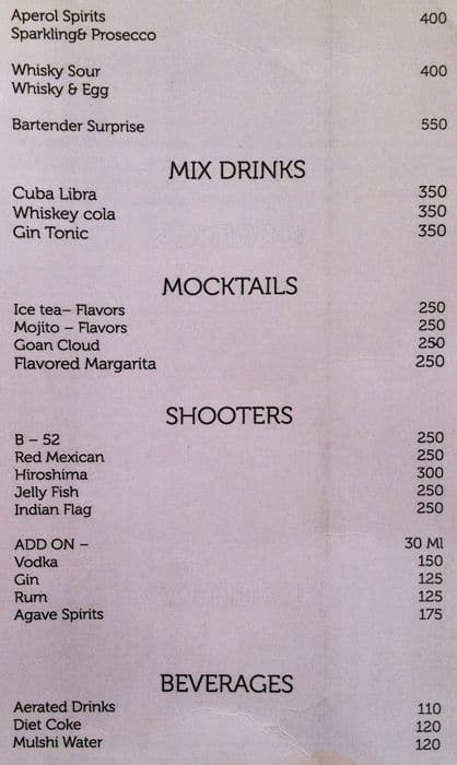 Menu at Escapade, Calangute
