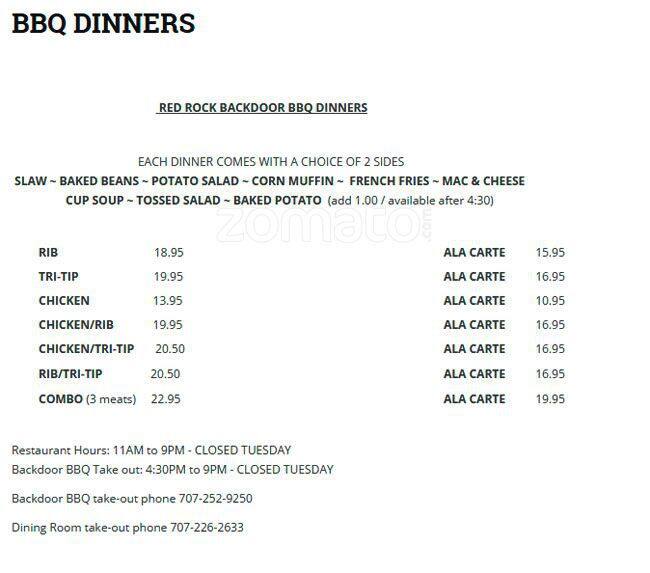 Menu at Red Rock Café BBQ, Napa