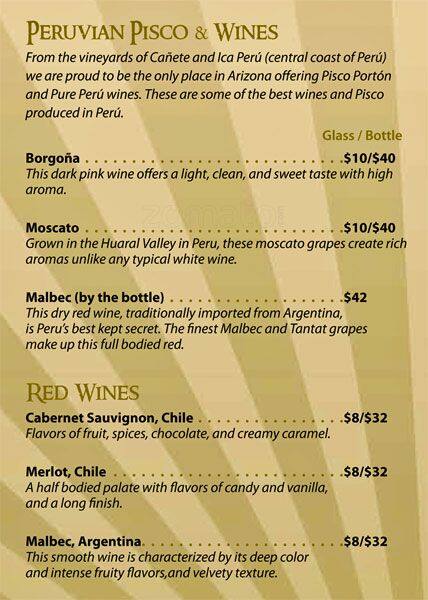 Menu at Inca's Peruvian Cuisine restaurant, Tucson