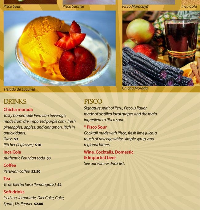 Menu at Inca's Peruvian Cuisine restaurant, Tucson