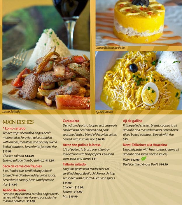 Menu at Inca's Peruvian Cuisine restaurant, Tucson