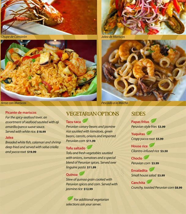 Menu at Inca's Peruvian Cuisine restaurant, Tucson