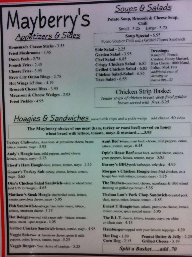 Carta de Mayberry's Restaurant, Hurricane, Teays Valley Road # 102