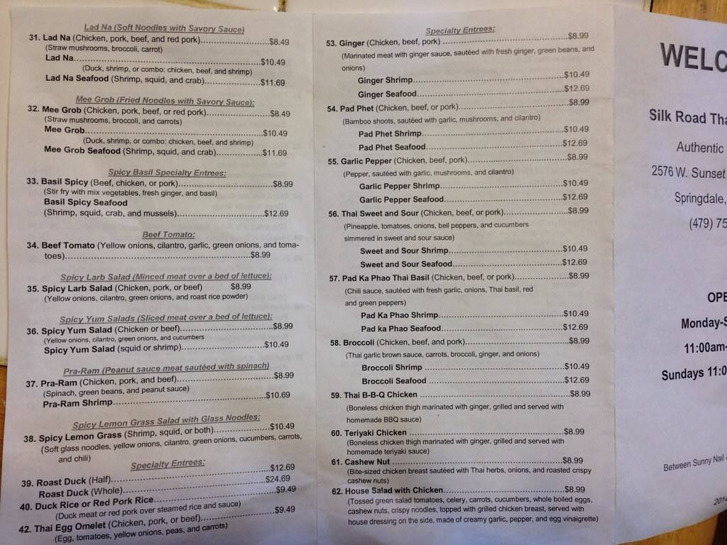 Menu at Silk Road Thai Restaurant, Springdale
