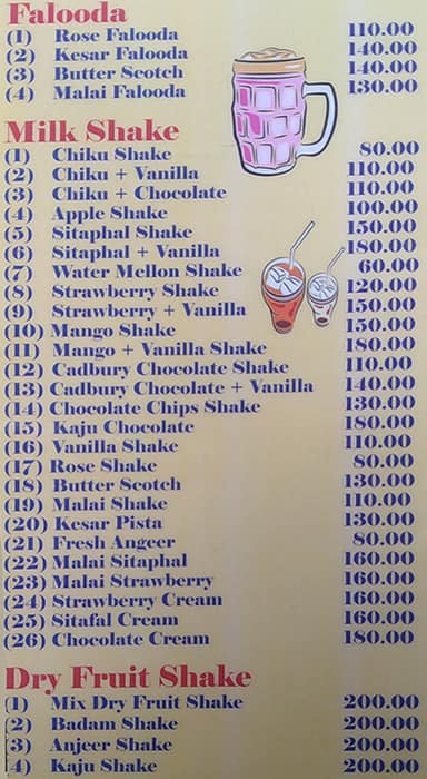 Menu of Shiv Om Juice & Falooda, Dadar West, Mumbai