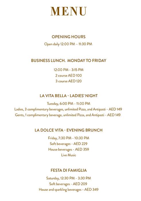 Menu of Certo Italian Restaurant - Radisson Blu Hotel, Dubai Media City ...