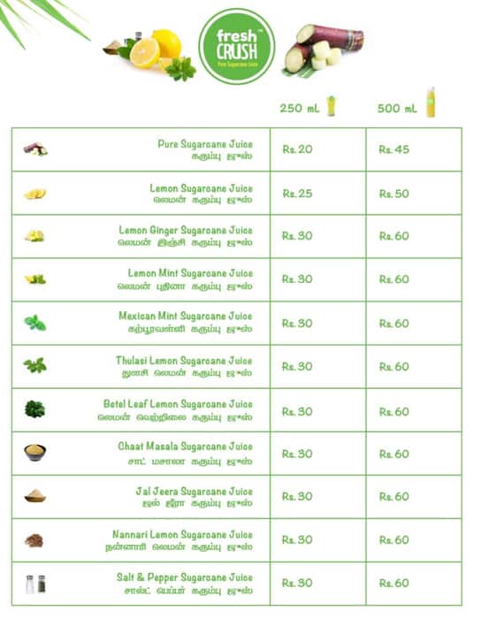 Menu of Fresh Crush, Choolaimedu, Chennai