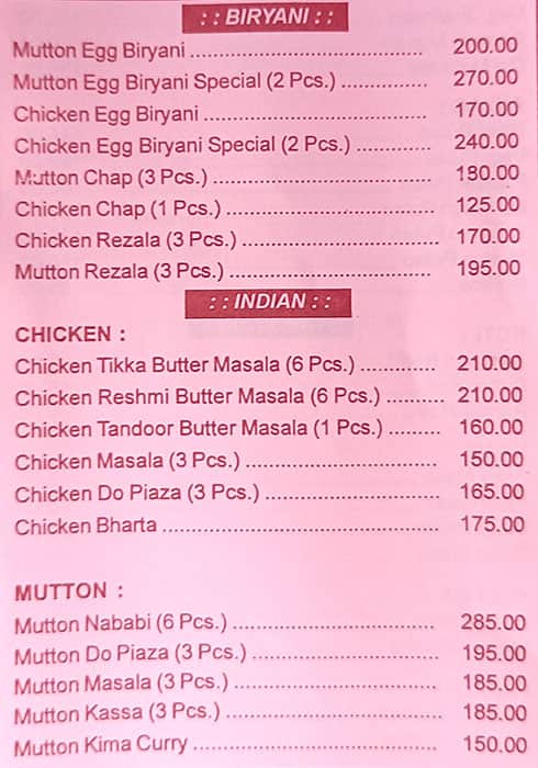 Menu of Aahar Restaurant, Sector 3, Salt Lake, Kolkata