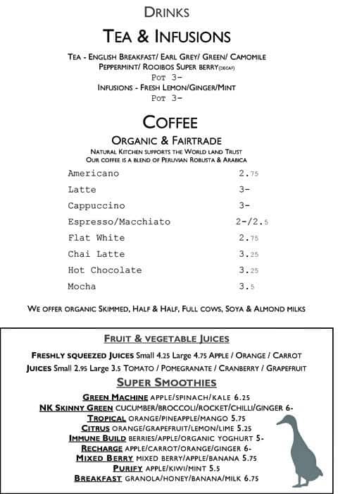 Menu at Natural Kitchen restaurant, London, 15-17 Nevill Ln