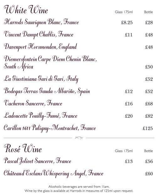 Menu at The Grill at Harrods restaurant, London