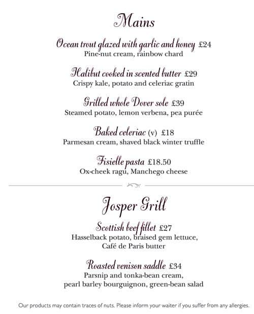 Menu at The Grill at Harrods restaurant, London