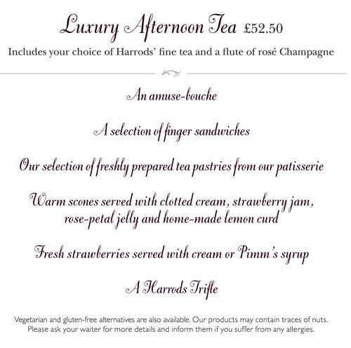Menu at The Grill at Harrods restaurant, London