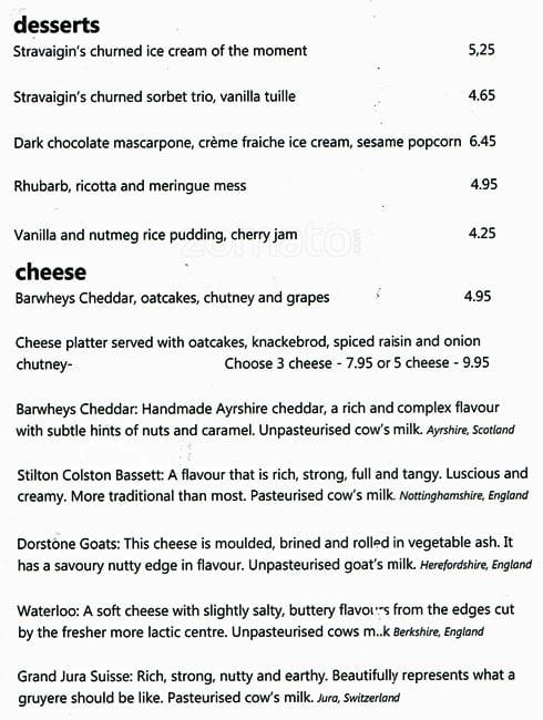 Menu at Stravaigin restaurant, Glasgow