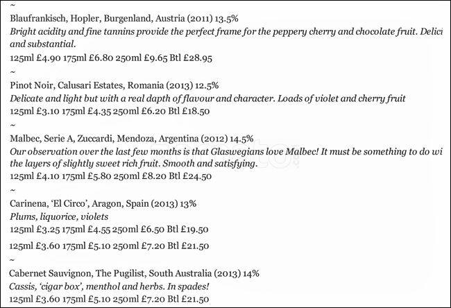 Menu at Stravaigin restaurant, Glasgow