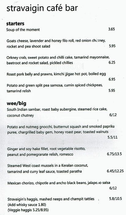 Menu at Stravaigin restaurant, Glasgow