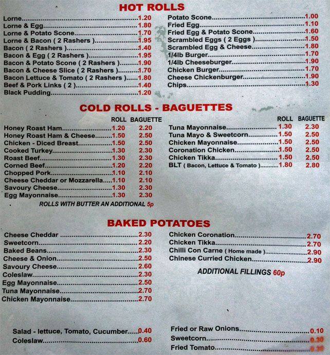 Menu at The Food Stop fast food, Glasgow, 66 Bell St