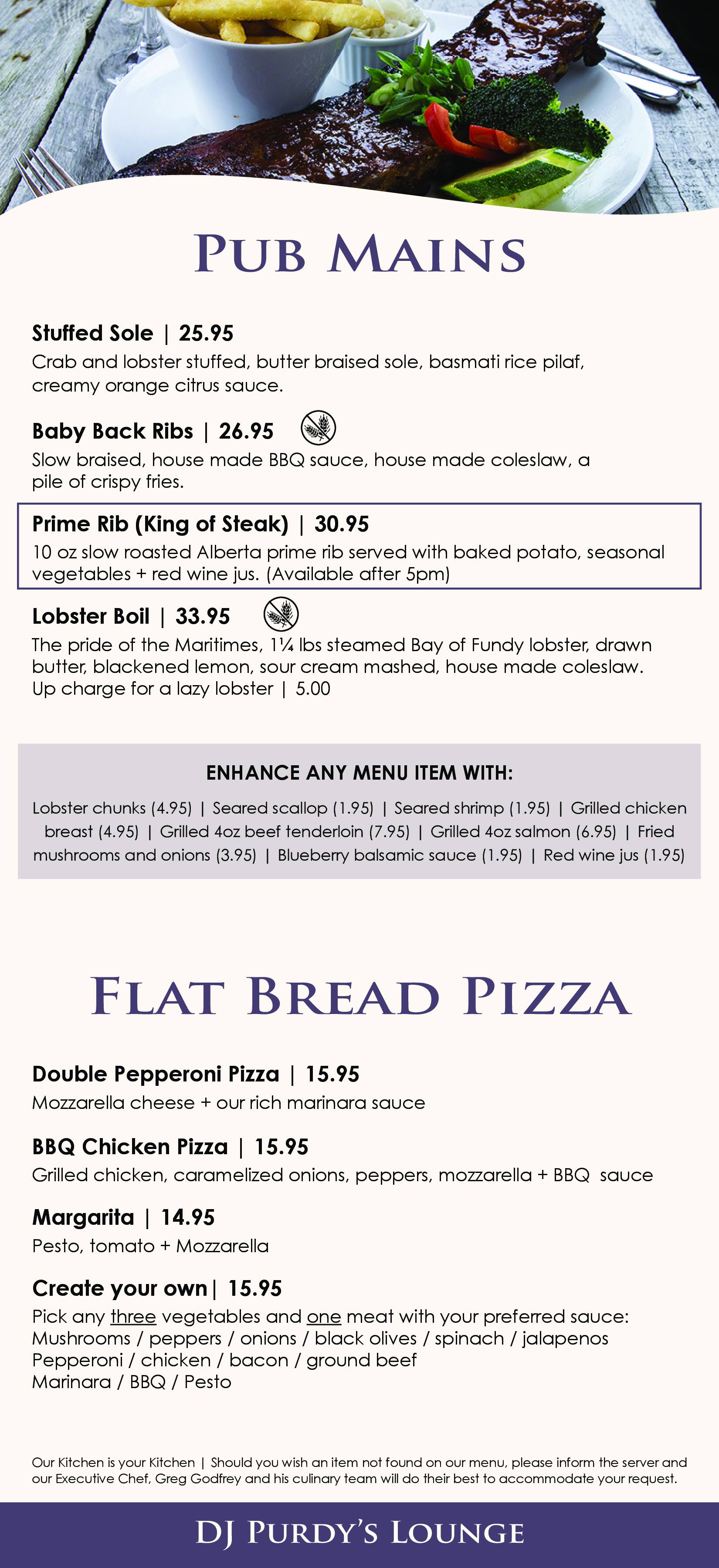 Menu at DJ Purdy's Lounge pub & bar, Fredericton