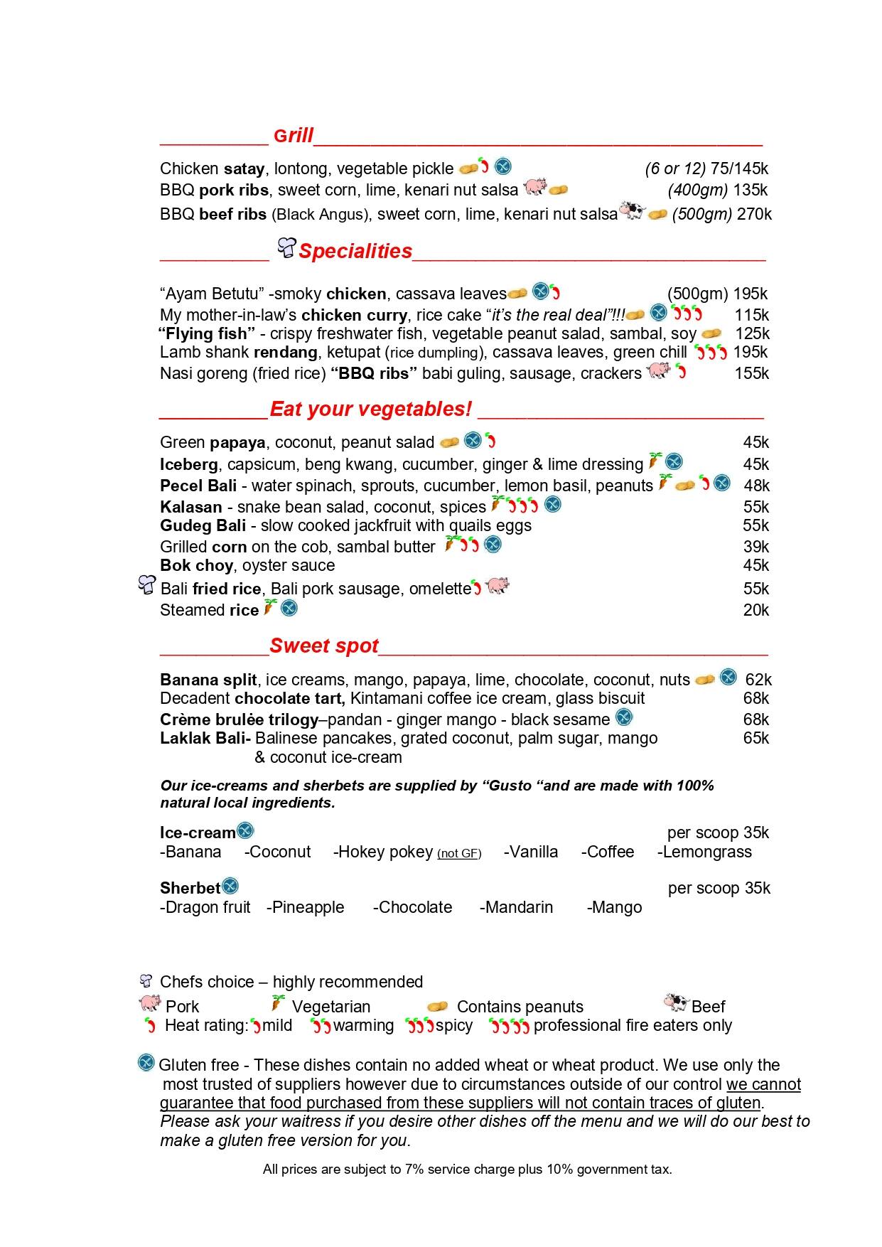 Menu at Ginger Moon restaurant, Mengwi