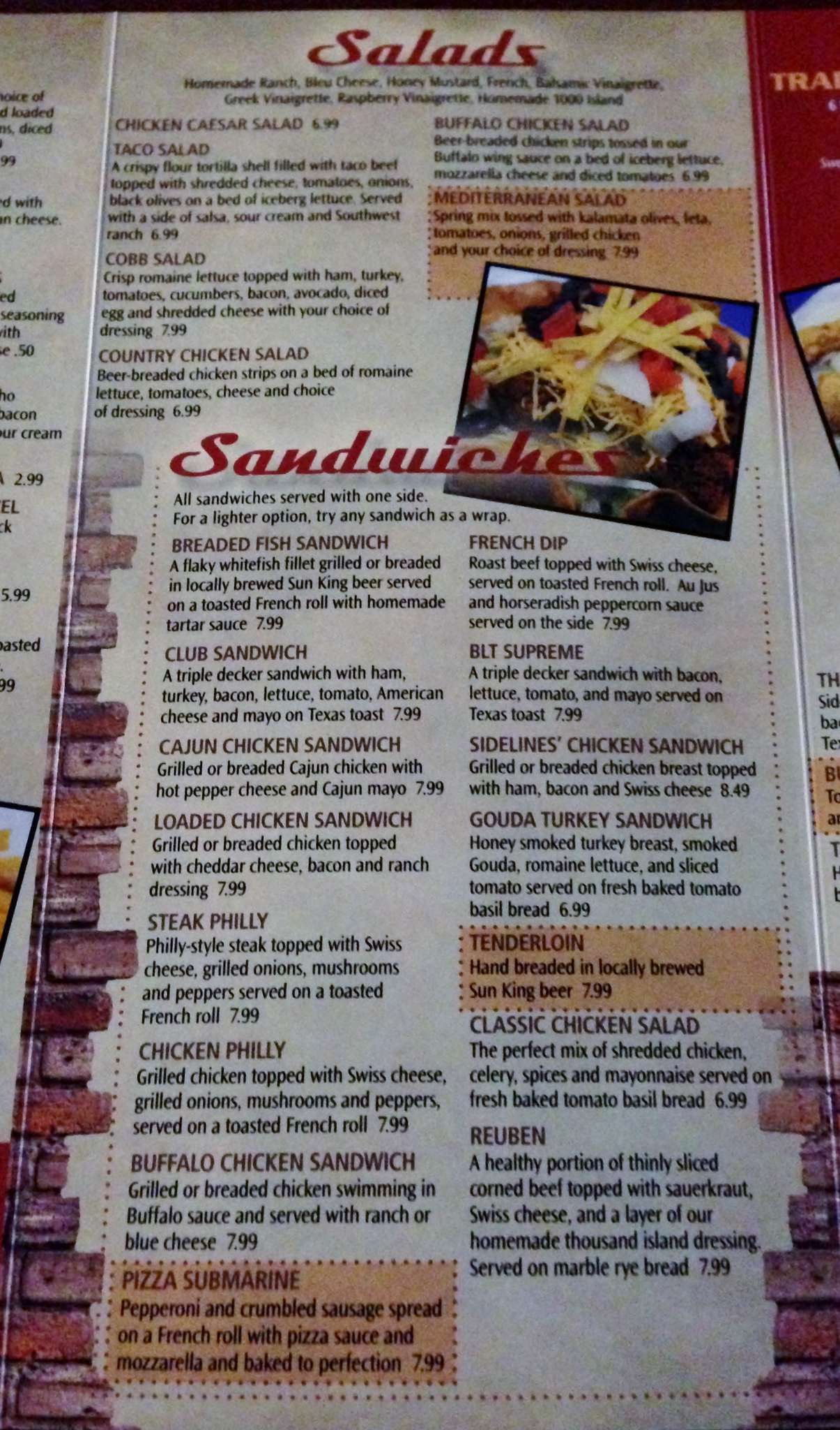 Menu at Sidelines pub & bar, Avon, E US Highway 36