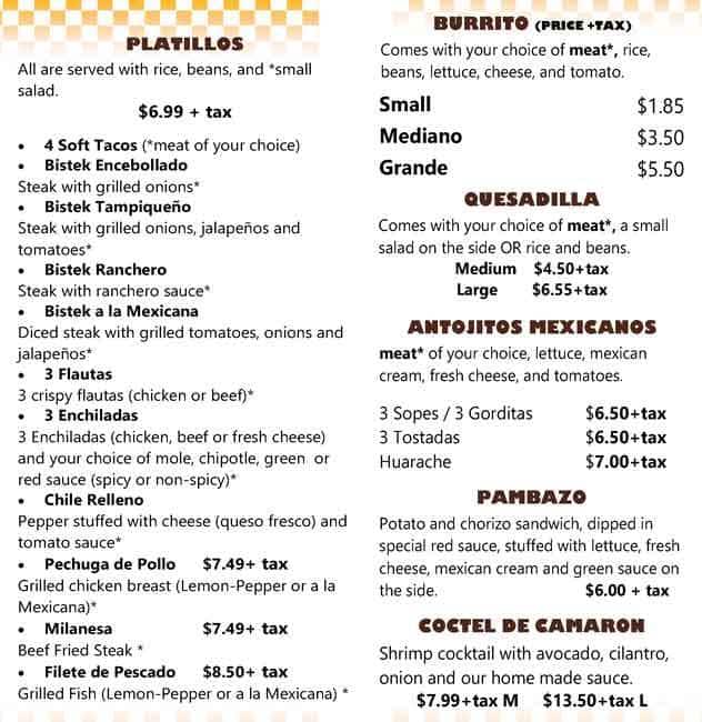 Menu at El Taco Rico, Irving, 3880 Irving Mall