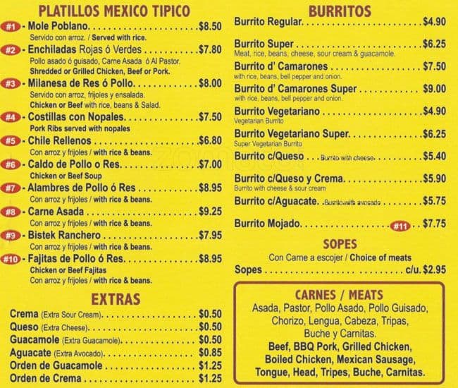Menu at Mexico Tipico restaurant, San Francisco