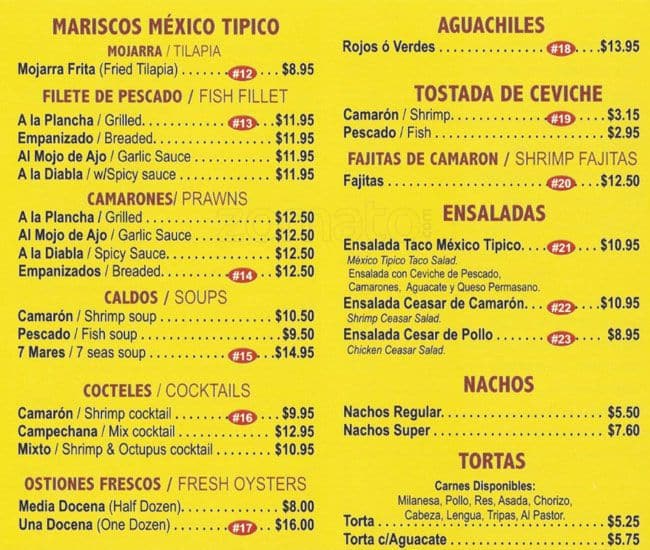 Menu at Mexico Tipico restaurant, San Francisco