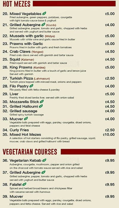 Menu at Lydia restaurant, London, 85-87 Old Church Rd