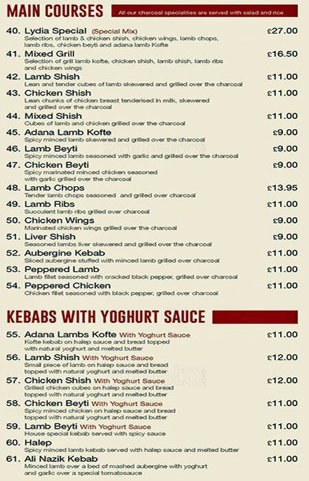 Menu at Lydia restaurant, London, 85-87 Old Church Rd