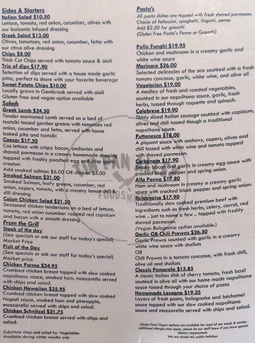 Menu at Tin Pan Alley restaurant, Upwey