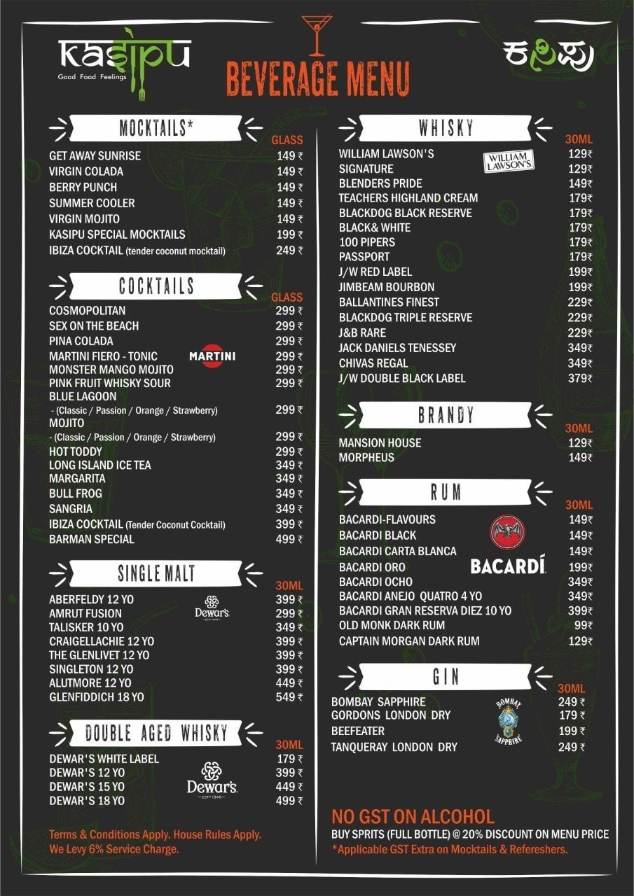 Menu of Kasipu, Jalahalli, Bangalore