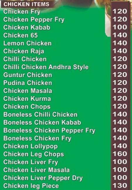 Menu of Hotel Bhairava, Malleshwaram, Bangalore