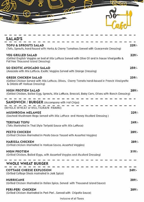 Menu of So Cafe, Andheri Lokhandwala, Andheri West, Mumbai