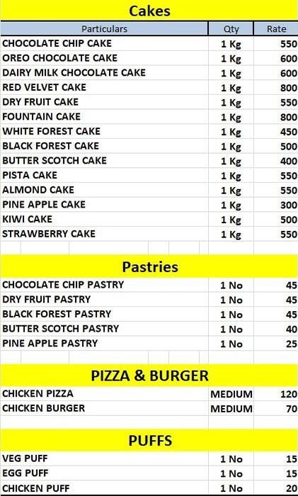 Menu of Milan Bakery, Falaknuma, Hyderabad