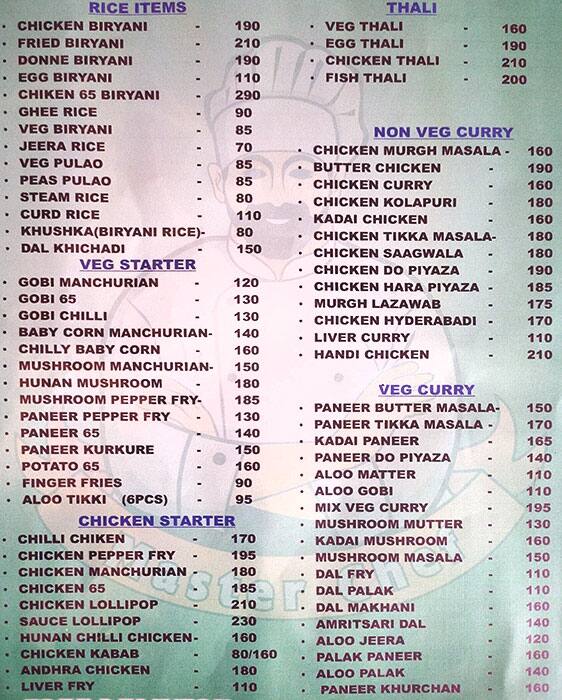 Menu of Garden Restaurant, BTM, Bangalore