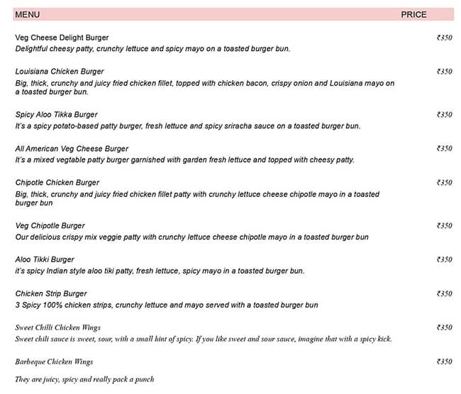 Menu of Willy's Wings & Burgers, BTM, Bangalore