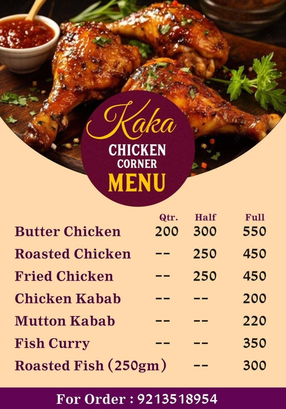 Menu of Kaka Chicken Corner, Sector 19, Faridabad